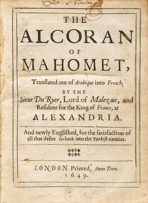 Bonhams : KORAN IN ENGLISH. The Alcoran of Mahomet. London: 1649.