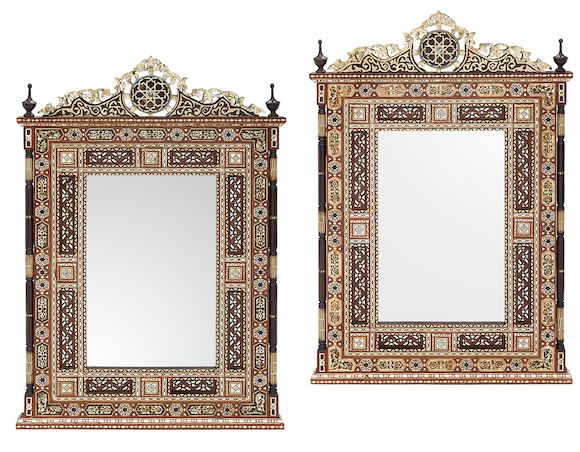 Bonhams : A pair of Levantine shell and bone inlaid ebonized mirrors