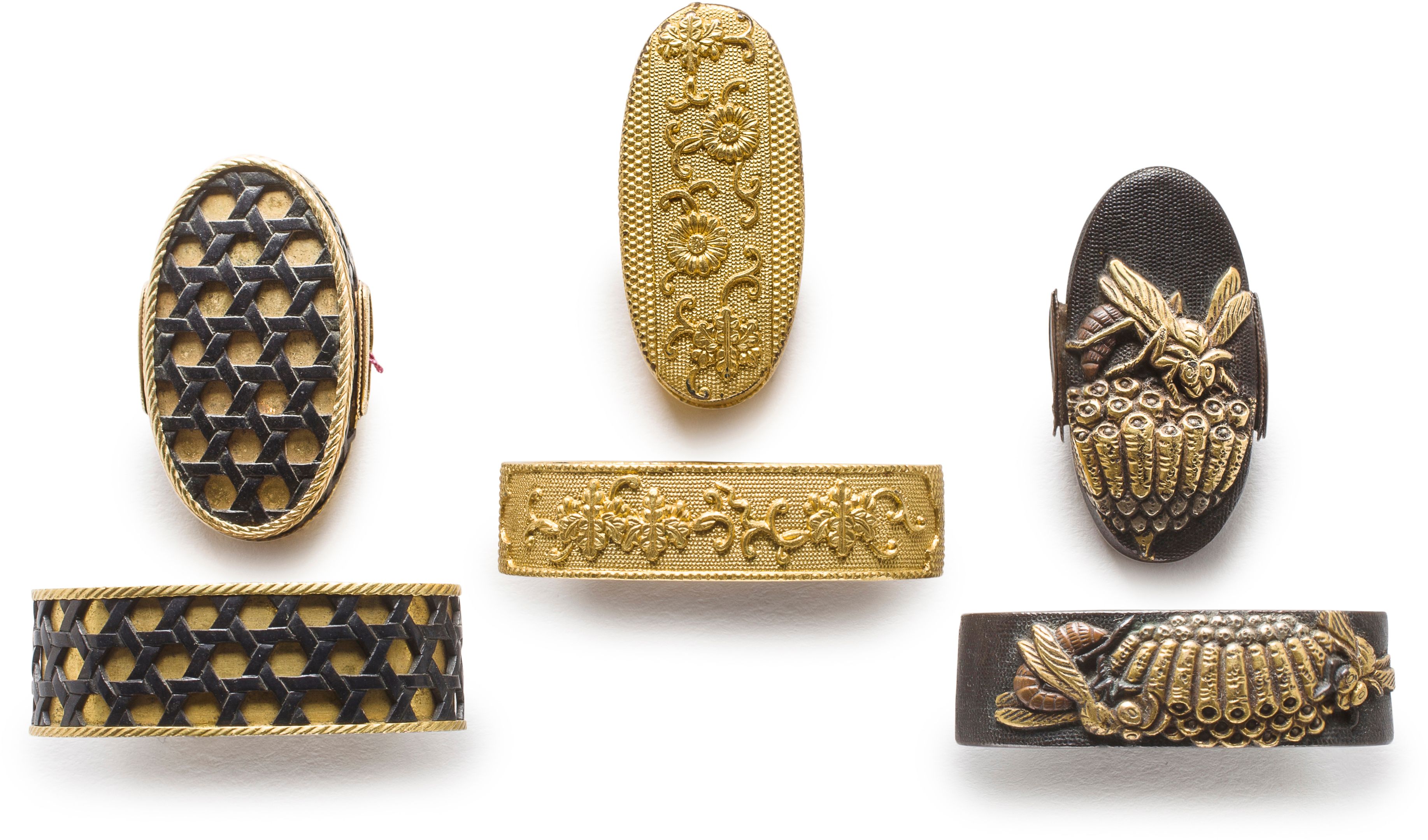 Bonhams : Two shakudo fuchi-gashira and a gilt-copper fuchi-gashira Edo ...