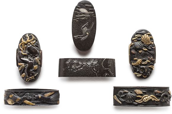Bonhams : Three mixed-metal fuchi-gashira The second by Shigetsune, Edo ...