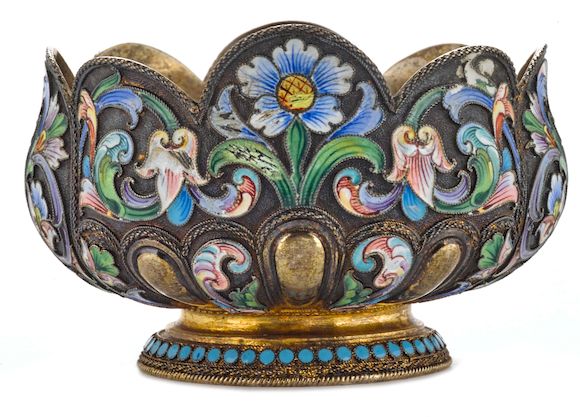 Bonhams : A silver-gilt and cloisonné enamel bowl Russia, Moscow, Maria ...