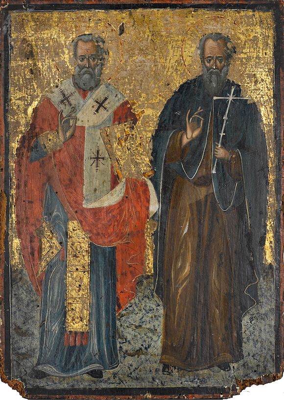 Bonhams : A Greek icon depicting two standing male saints