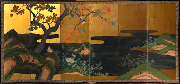 Bonhams : Nihonga School (Taisho/Showa era) Birds in Autumn Landscape