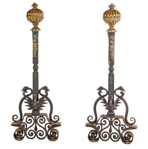 Bonhams : A large pair of Spanish Baroque style iron and bronze andirons
