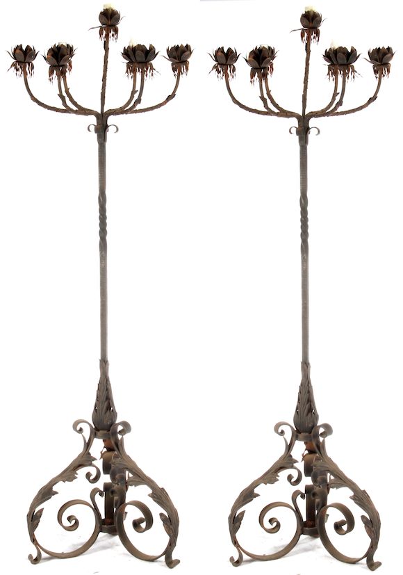 Bonhams : A pair of Spanish Baroque style wrought iron and tole seven ...