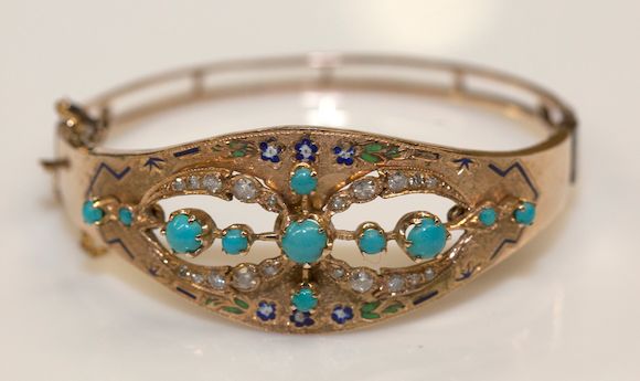 Bonhams : An enamel, turquoise, diamond and 14k gold bangle bracelet ...