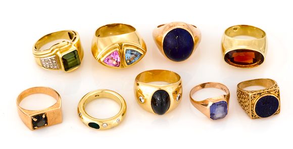 Bonhams : A collection of nine gem-set, diamond and various karat gold ...