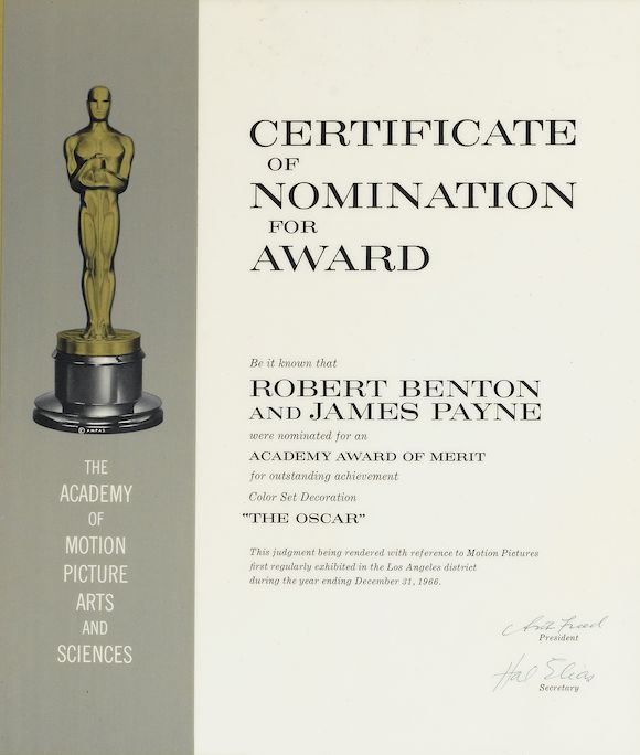 Bonhams : An Academy Award nomination plaque for Set Decoration for The ...