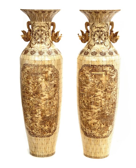 Bonhams : A pair of large bone inlaid vases