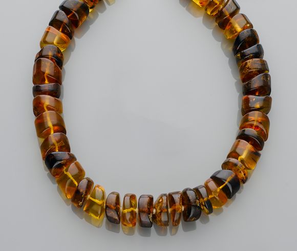 Bonhams : Green Amber Bead Necklace