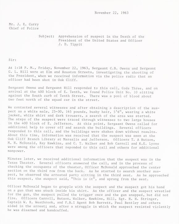 Bonhams : KENNEDY ASSASSINATION OSWALD'S CAPTORS. Typed Document Signed ...