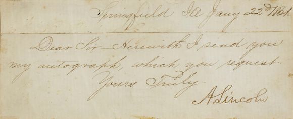Bonhams : LINCOLN, ABRAHAM. 1809-1865. Manuscript Note Signed ("A ...