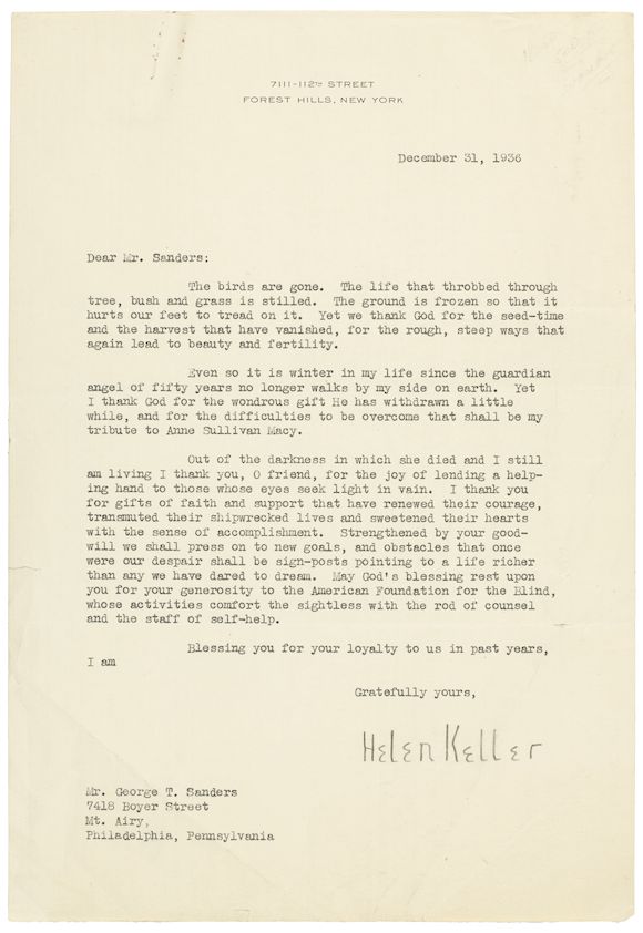 Bonhams : KELLER, HELEN. 1880-1968. Typed Letter Signed ("Helen Keller ...