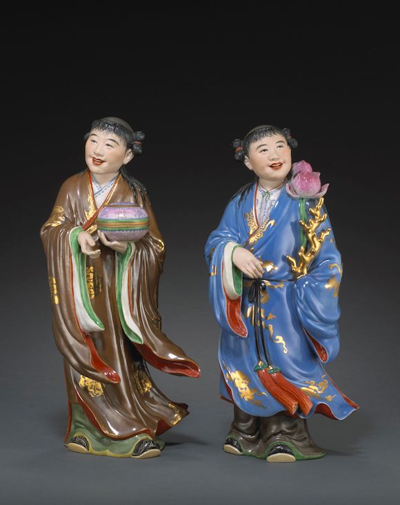 Bonhams : A pair of polychrome enameled figures Seals of Zeng Longsheng ...