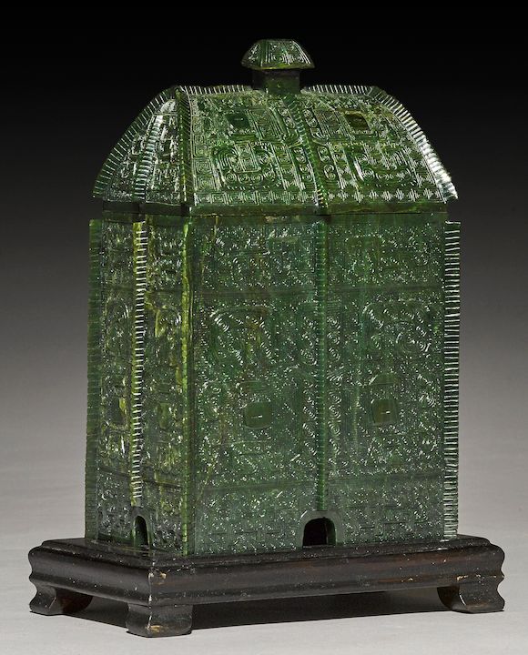 Bonhams : A spinach jade covered box in the shape of an archaic bronze ...