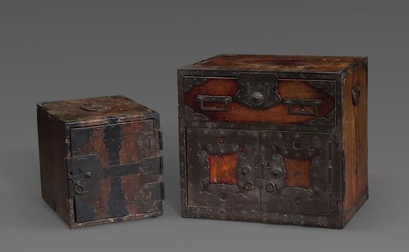 Bonhams : Two mixed wood merchant chests 19th century