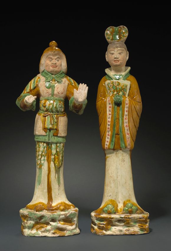 Bonhams : Two sancai glazed pottery tomb figures Tang dynasty