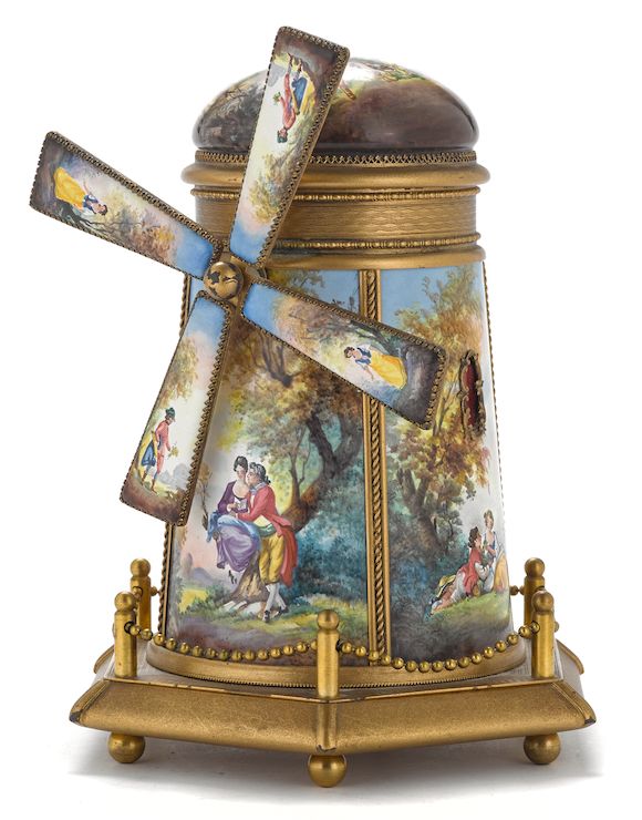 Bonhams : A Continental gilt brass and enamel windmill form music box ...