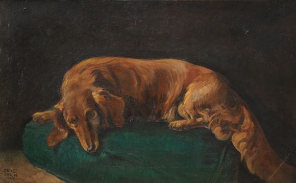 Bonhams : Ernst Dorn (German, 1889-1926) Portrait of a Daschshund on a ...
