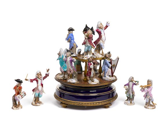 Bonhams : An assembled suite of sixteen Meissen porcelain monkey ...