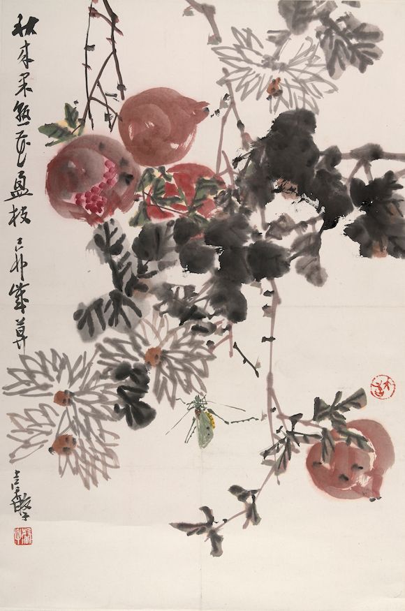 Bonhams : Zhang Jixin (b. 1926) Pomegranates, Chrysanthemums and ...