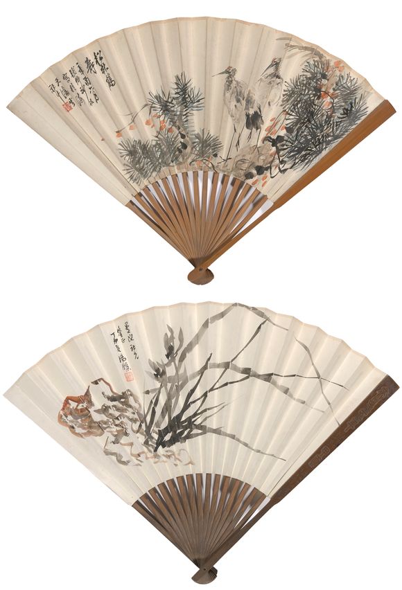 Bonhams : Tang Di (1878-1948) and Sha Zuo (d. 1945) Two folding fans of Plants and Birds