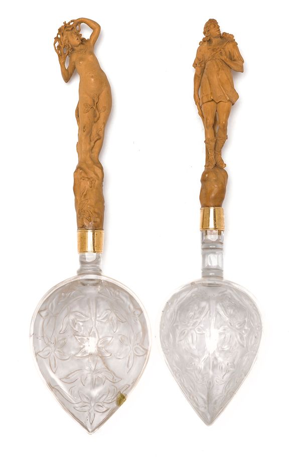 Bonhams : A pair of European carved boxwood, rock crystal and gold ...