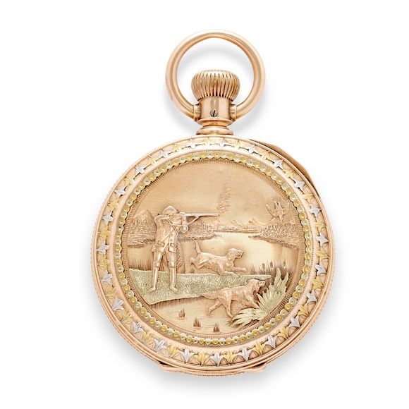 Bonhams : An unusual 14K multicolored gold watch case with duck hunting ...