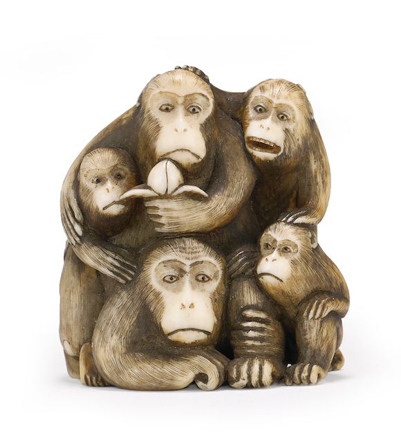 Bonhams : An ivory netsuke of monkeys Meiji era, late 19th century