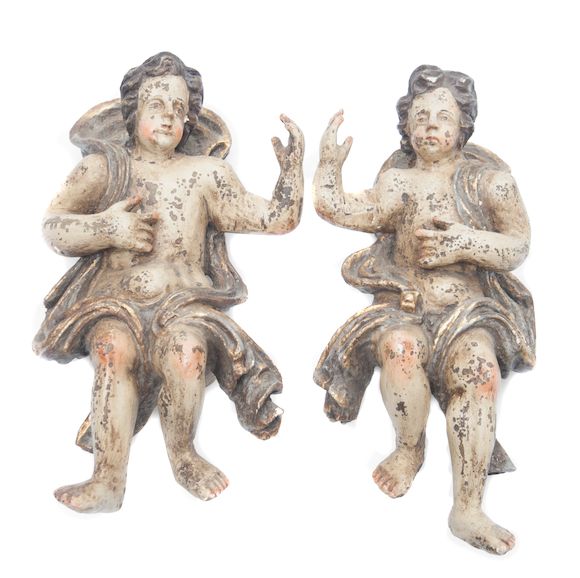 Bonhams : A pair of Italian style polychrome decorated wood angles