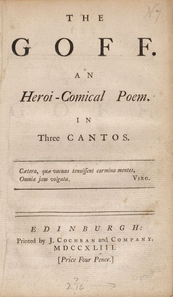 Bonhams : GOLF. MATHISON, THOMAS. d.1754. The Goff. An Heroi-Comical ...