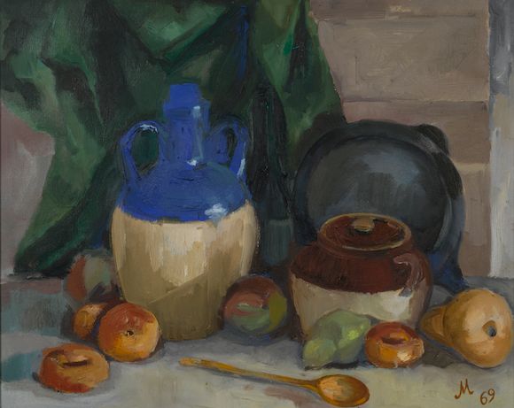 Bonhams : American School Still life with pots, fruit and spoon 24 x 30 in