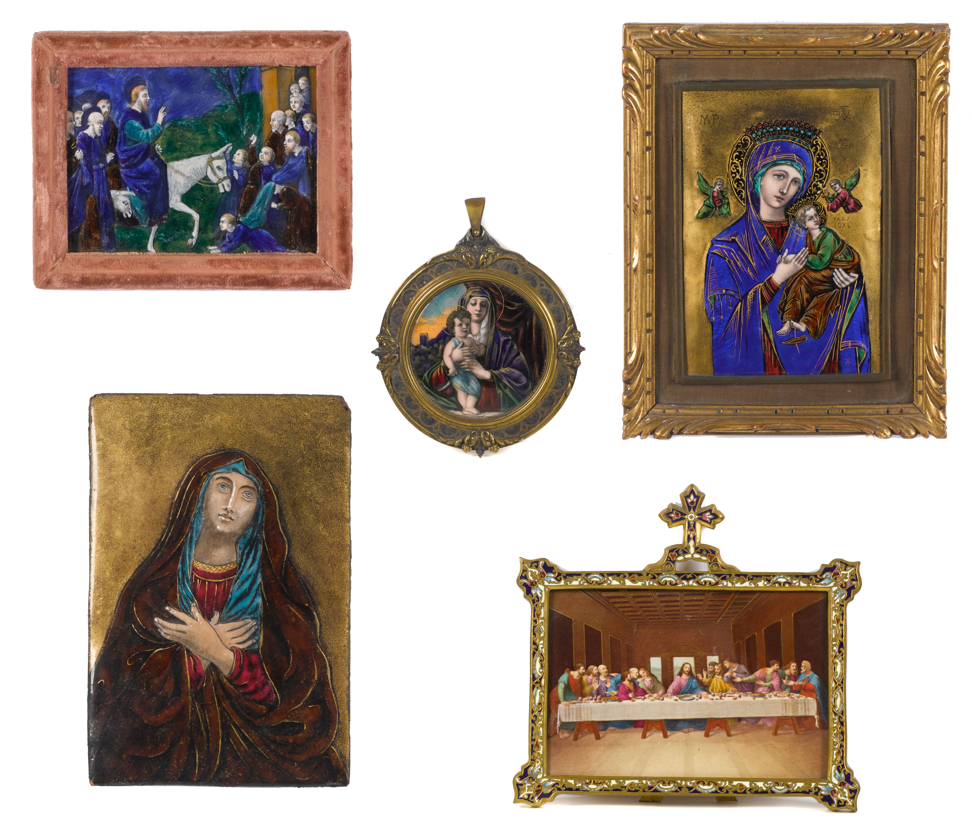 Bonhams : Four Limoges enamel plaques and a French gilt bronze and champlevé frame late 19th century