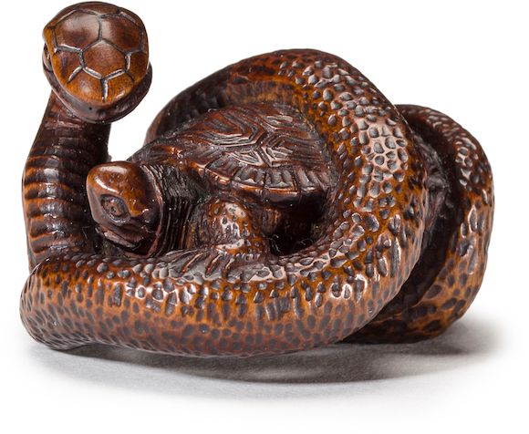 Bonhams : A wood netsuke of a turtle and snake Edo period (1615-1868), early 19th century