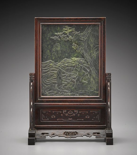 Bonhams : A green hardstone-mounted wood table screen