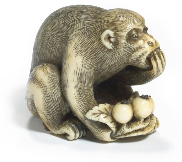 Bonhams : An ivory netsuke of a monkey By Okatori, late 18th/early 19th ...