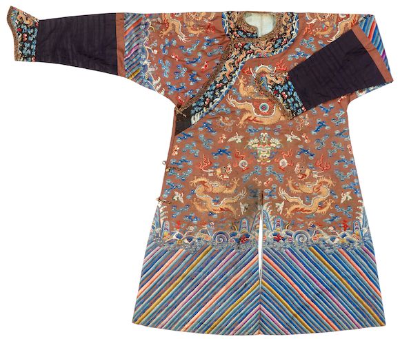 Bonhams : An embroidered russet silk ground dragon robe Late Qing dynasty