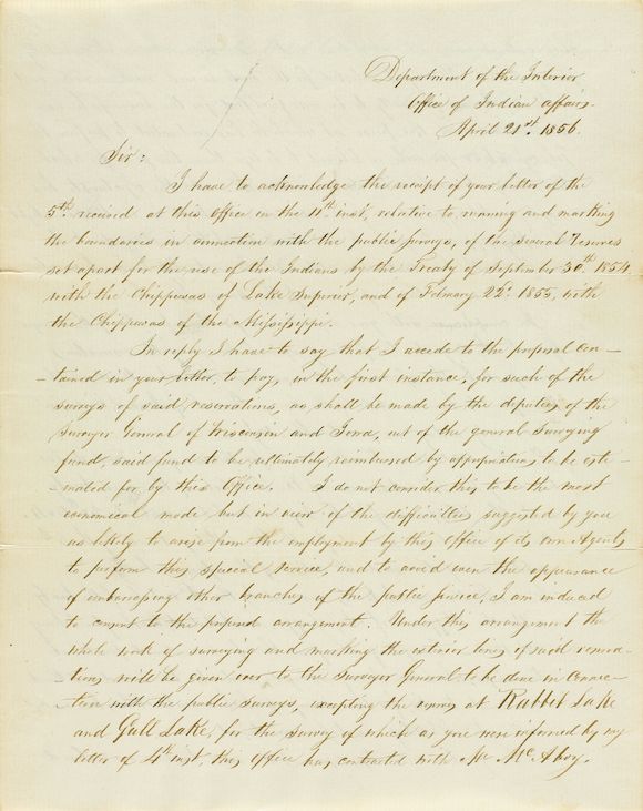 Bonhams : TREATY WITH THE CHIPPEWA. MANYPENNY, GEORGE WASHINGTON. 1808-1892.