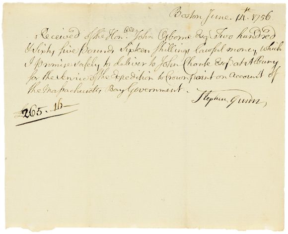 Bonhams : CROWN POINT EXPEDITION. Manuscript Document, 1 p, 8vo, Boston ...