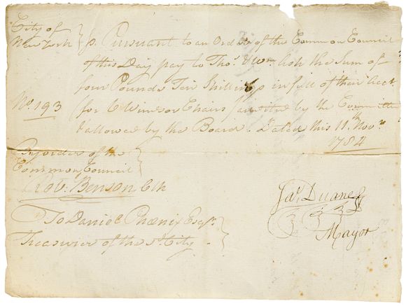 Bonhams : DUANE, JAMES. 1733-1797. Document Signed, ("Jas. Duane Mayor ...