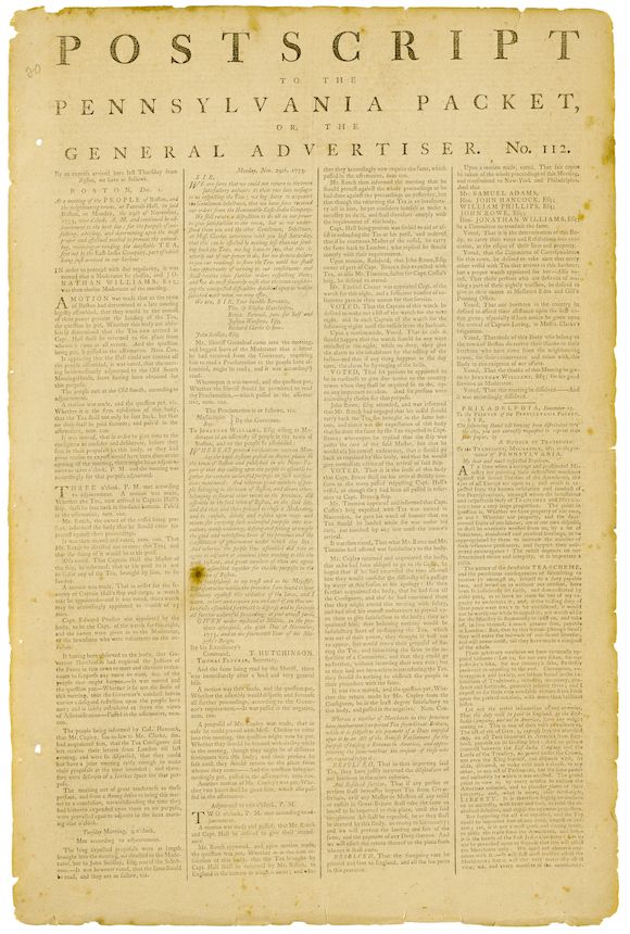 Bonhams : BOSTON TEA PARTY BROADSHEET. Postscript to the Pennsylvania ...