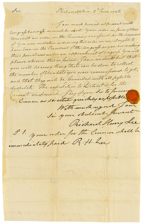 Bonhams : LEE, RICHARD HENRY. 1732-1794. Autograph Letter Signed Twice ...