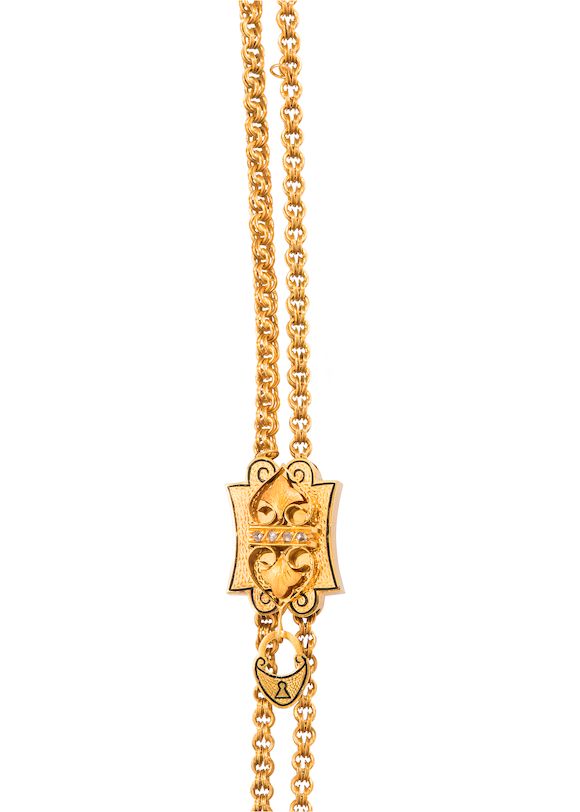 Bonhams : A gold, enamel and diamond lorgnette chain