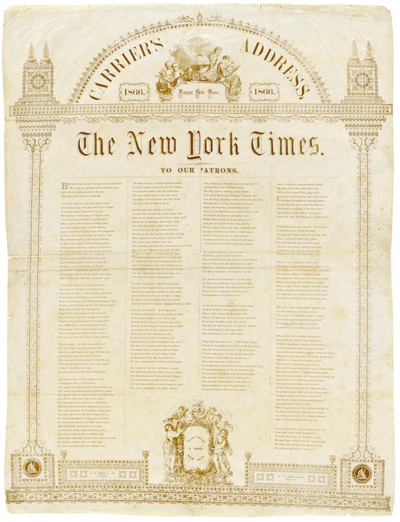 Bonhams : END OF CIVIL WAR BROADSIDE. Carrier's Address. 1866. Happy ...