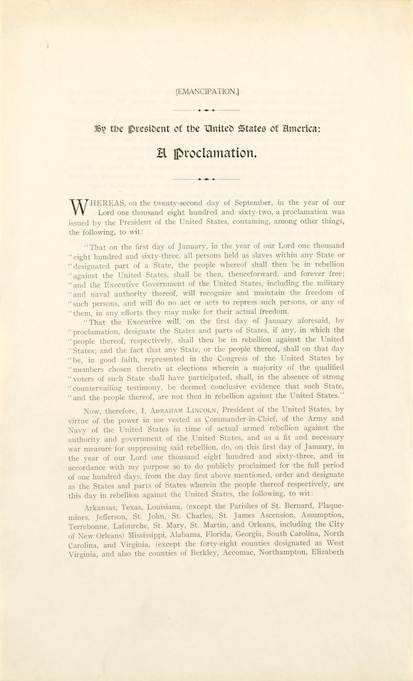 Bonhams : EMANCIPATION PROCLAMATION. LINCOLN, ABRAHAM. 1809-1865 ...