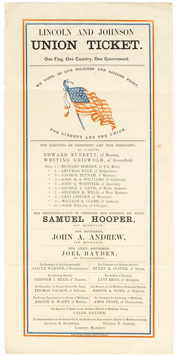 Bonhams : LINCOLN CAMPAIGN HANDBILL. Lincoln and Johnson, Union Ticket ...
