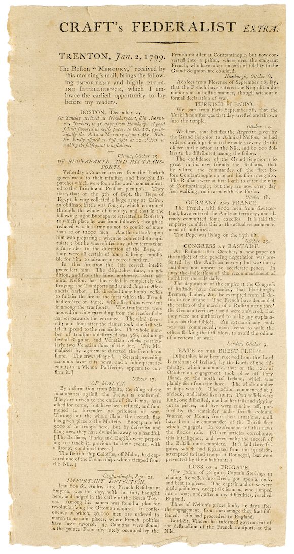 Bonhams : 1799 "FEDERALIST" NEWSPAPER. Craft's Federalist Extra ...