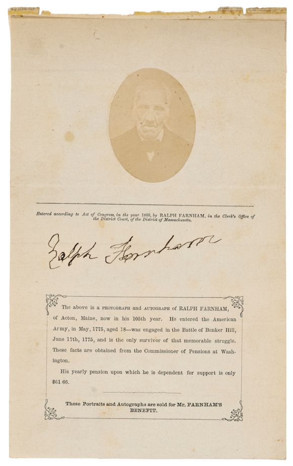 Bonhams : LAST SURVIVOR OF BUNKER HILL. FARNHAM, RALPH. 1756-1860 ...