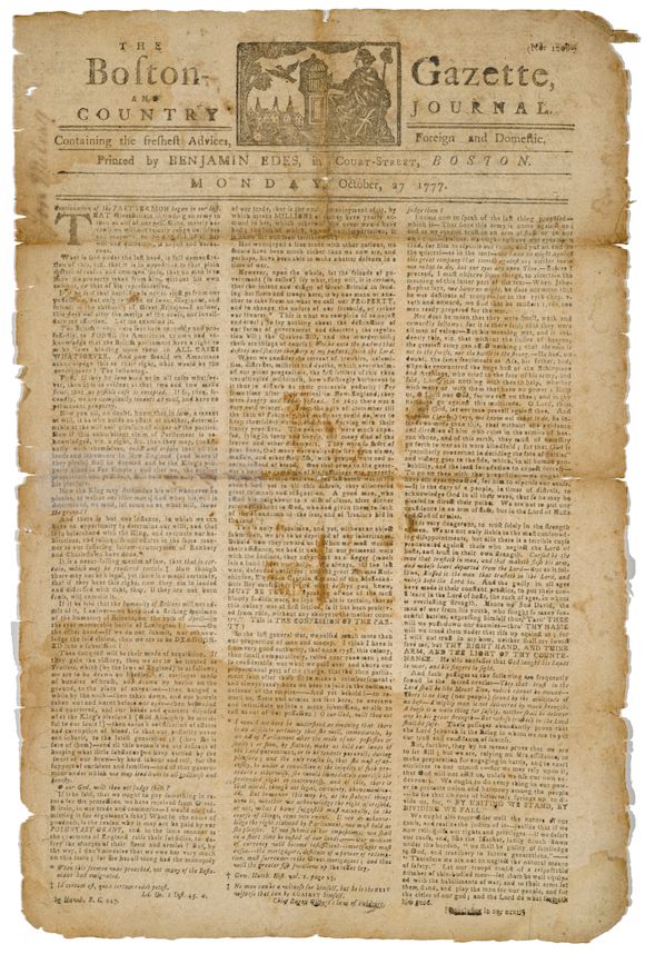 Bonhams : BATTLES OF SARATOGA AND GERMANTOWN. The Boston Gazette and ...