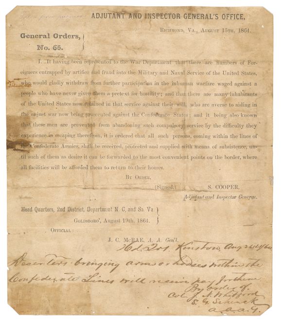 Bonhams : CONFEDERATE BROADSIDE WITH AN INTRIGUING PROVENANCE. COOPER ...